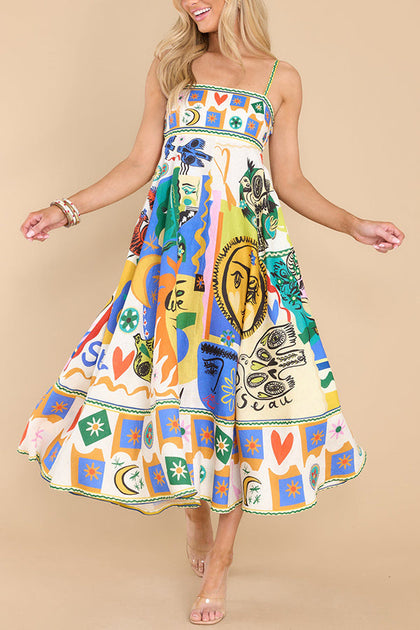 Joyful Glow Goddess Linen Blend Unique Print Pocketed Smocked Back Mid ...